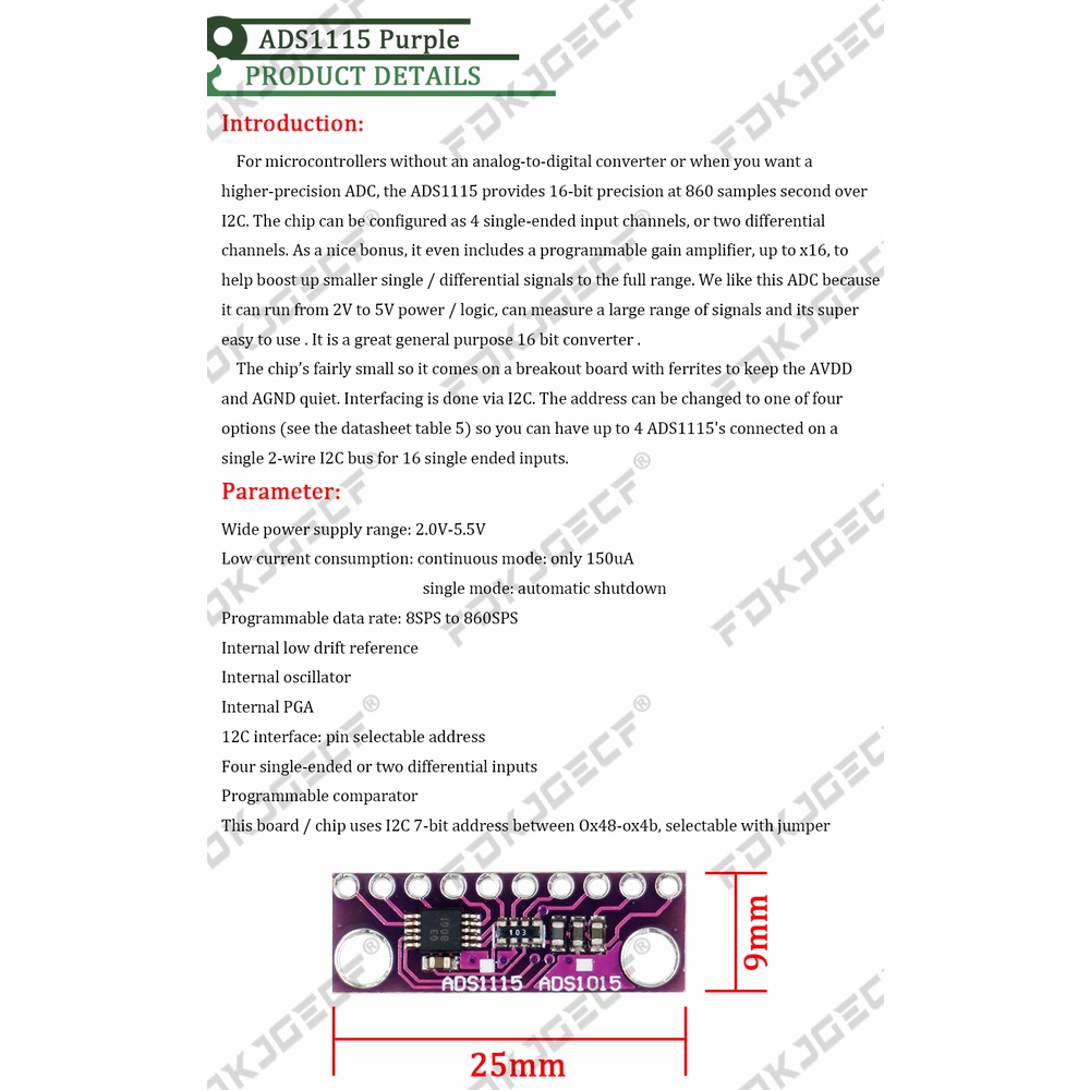 I2C ADS1115 16 Bit ADC 4 channel Module with Programmable Gain ...