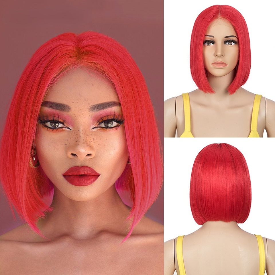 Cosplay Red Wig 10 Inch Straight Synthetic Lace Wig Short Bob Ombre ...