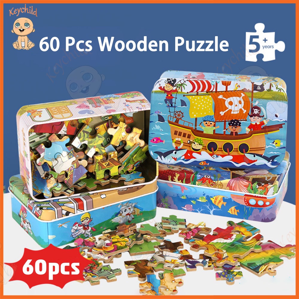【COD】60 Pcs Puzzle for Kids Adults Cartoon Wooden Puzzle with Iron Box ...