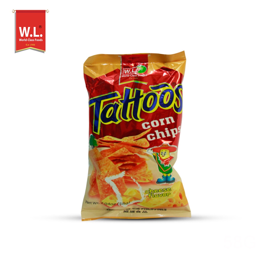 WL FOODS Tattoos Corn Chips Cheese Flavor 58g x 10's | Shopee Philippines