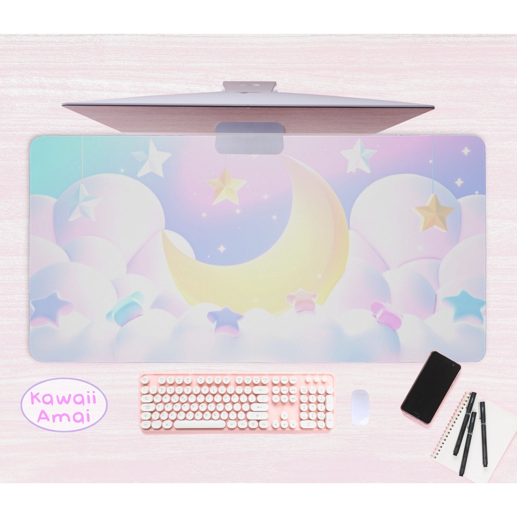 Pastel moon kawaii desk mat, Pink XXL mouse pad gaming, Kawaii large ...