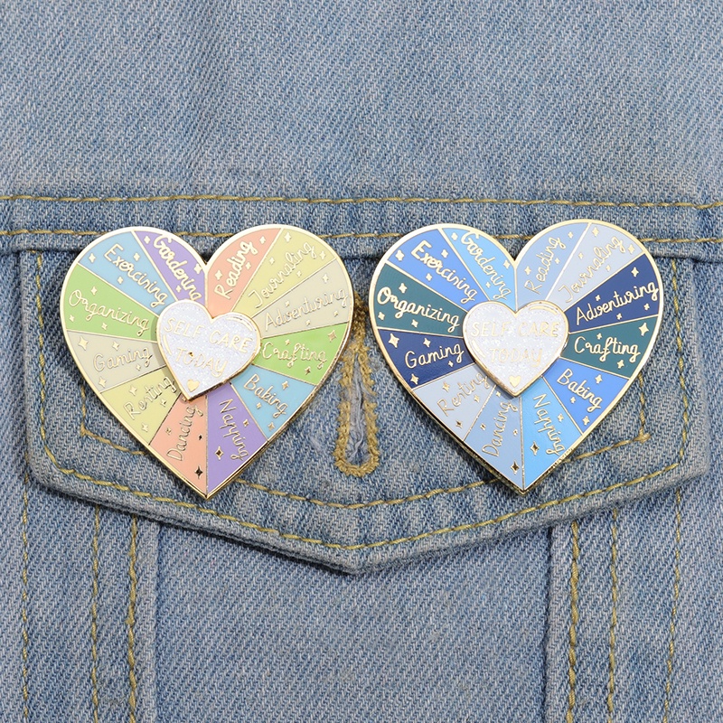 Creative Heart Shape Turntable Lapel Pins Funny Self Care Today Mood ...