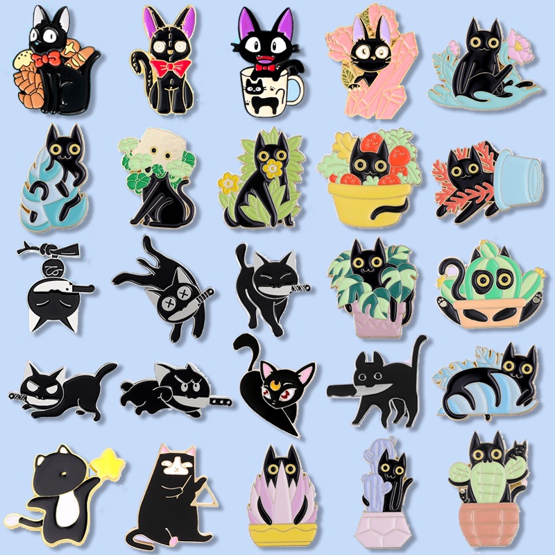 50 Styles Cartoon Black Cat Enamel Lapel Pin Magic Cat Metal Brooch