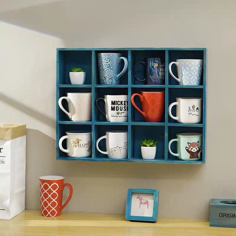 Solid Wood Vintage Desktop Tea Set Plaid Storage Cabinet Teapot Tea Cup ...