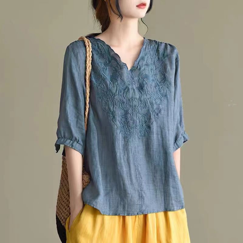Short Sleeve Shirt Women's Cotton Linen Fashion Plus Size Tops | Shopee ...