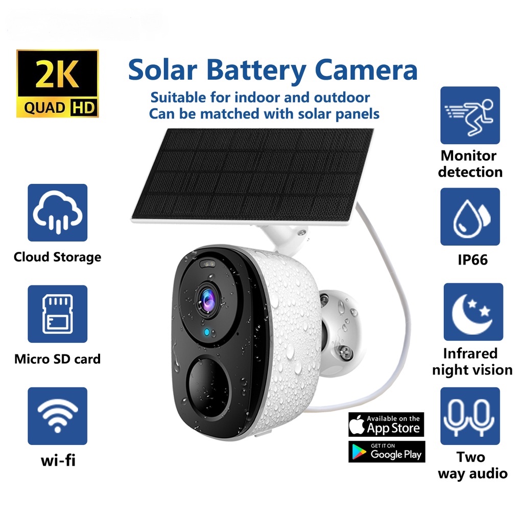 Solar CCTV wireless IP Camera Indoor Outdoor Wifi HD 2K Resolution Home ...