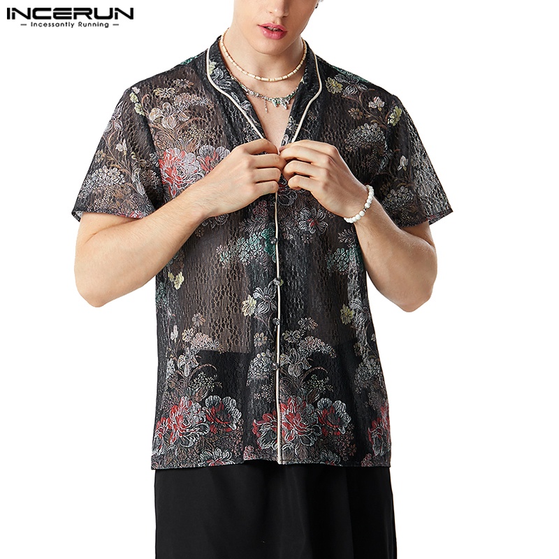 INCERUN Men Chinese Style Floral Satin Standing Collar Short Sleeve ...