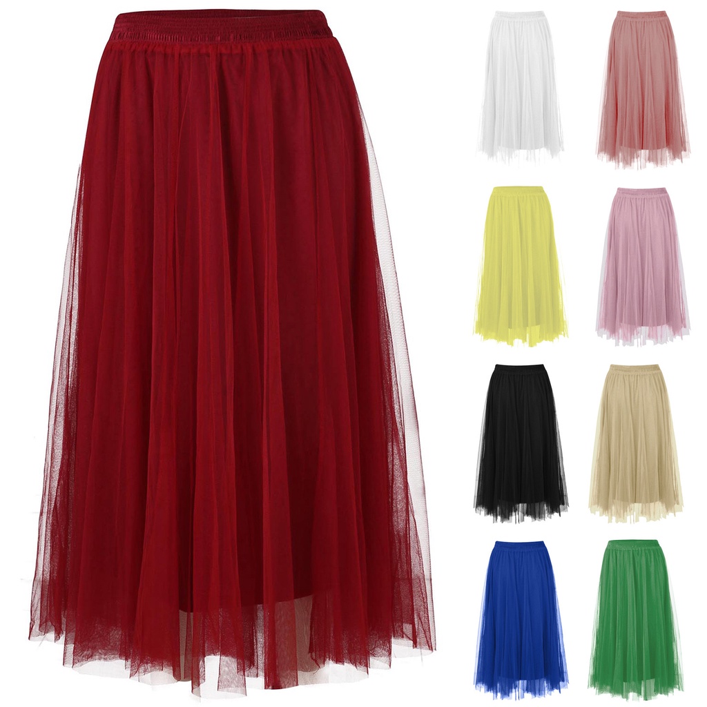 Sequin Long Tulle Solid Color Elegant Skirt Layered Mesh Tea Length Big ...