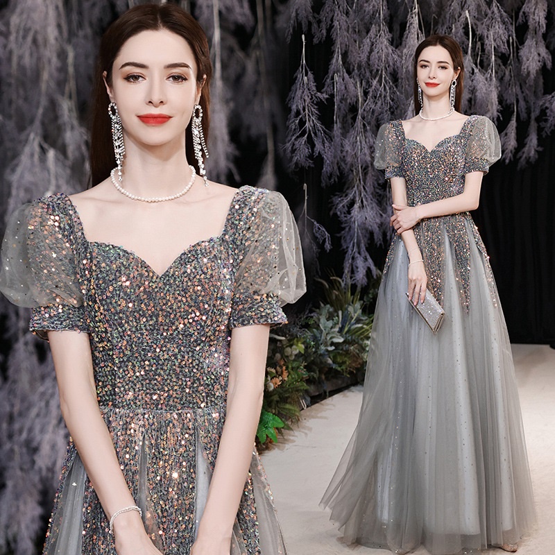 Grey Sequin Starry Sky Bridal Wedding Dress French Puff Sleeve Square ...