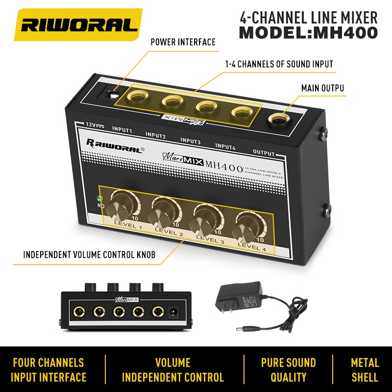 Mini Audio Mixer Mono 4 Channel 1/4 Inch TSR/TS Audio Input Jack For ...
