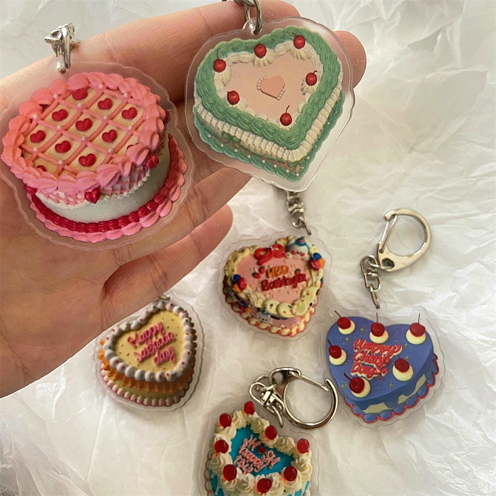 Vintage Simulation Cake Keychain Cute Heart Acrylic Keyring Women ...
