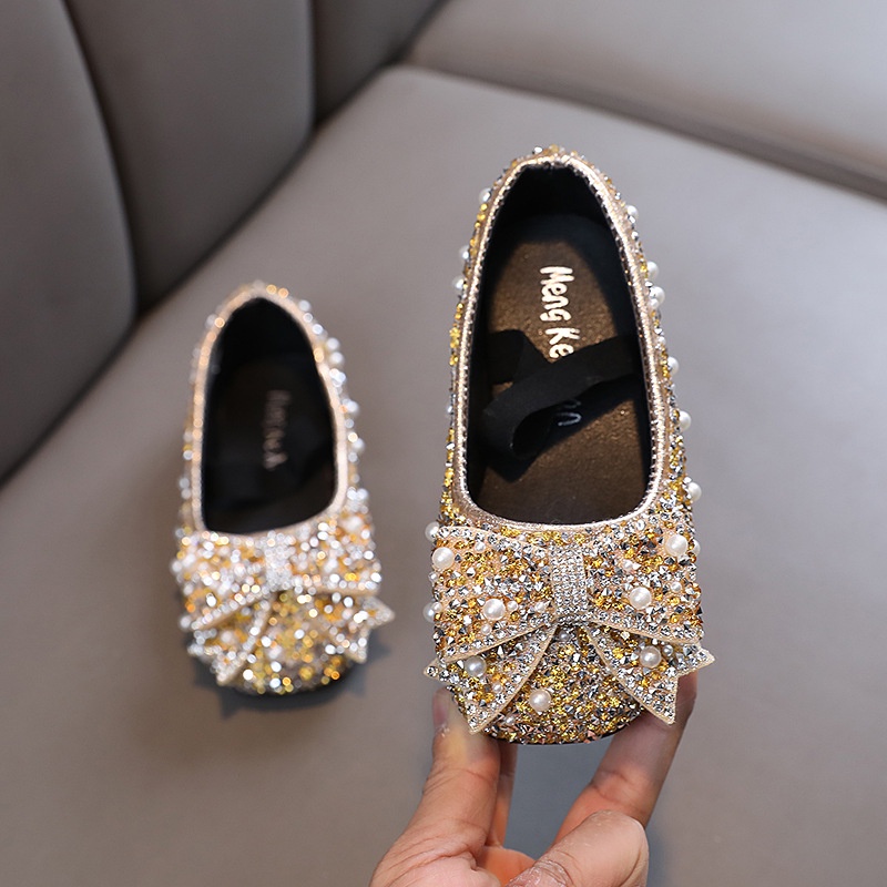 Sweet Bowknot Leather Flat Shoes for Baby Girls Bling Bling Rhinestones ...