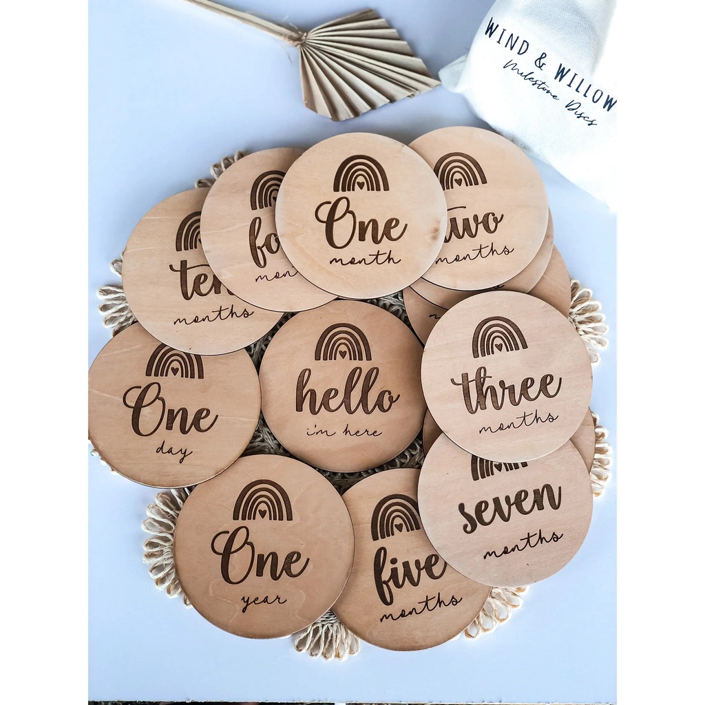 Browns 14 PCS Wooden Baby Milestone Disc 10cm Rainbow Design Monthly ...