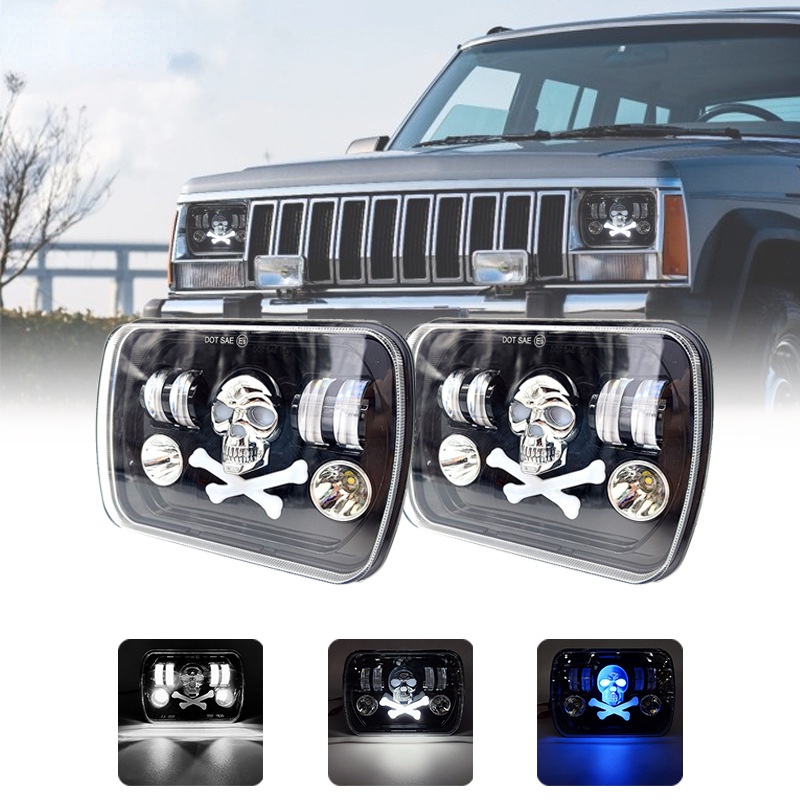 2PCS 7 inch 5x7 7x6 Square LED Headlights Skull 65W 6500LM Hi/Low Beam ...