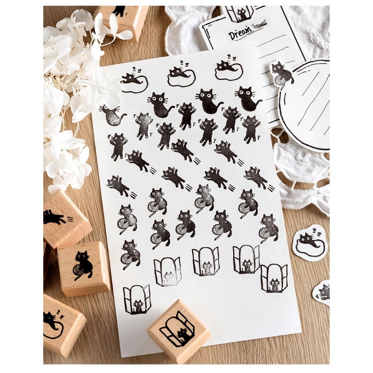 Black Cat Wooden Rubber Stamp Cute Kitty Decorative Wood Stamps For ...