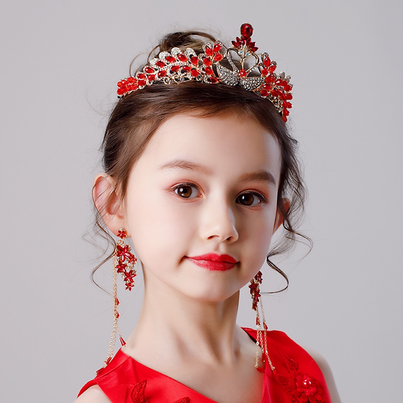 Children's Crown Earrings Headdress Set Red Crystal Swan Crown Children ...