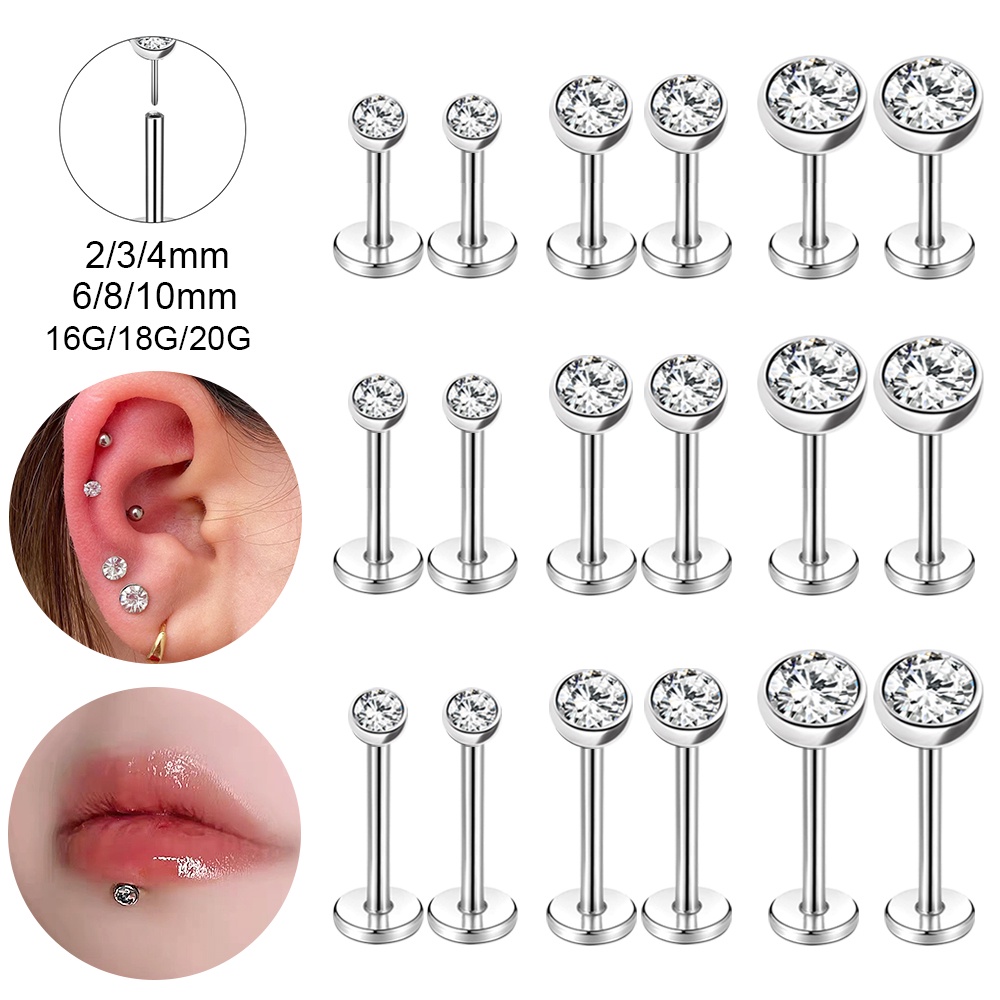 1 PC 16G/18G/20G Crystal Stainless Steel Lip Stud Plug-in Style Labret ...