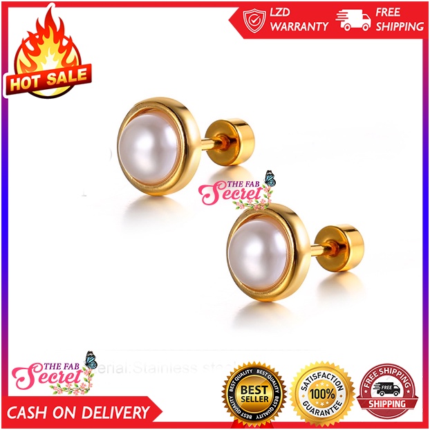 TFS74 Roscas Earrings Stainless Steel Stud Pearl Earrings Screw Lock ...