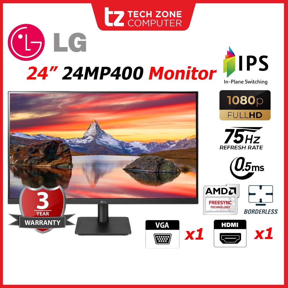 LG 24" 24MP400 IPS FHD Full HD AMD FreeSync 75Hz Virtually Borderless ...