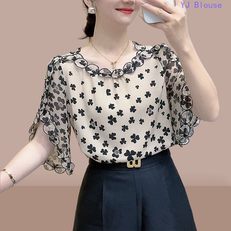 Chiffon Blouse Plus Size Women's Summer All-match Fashion Floral ...