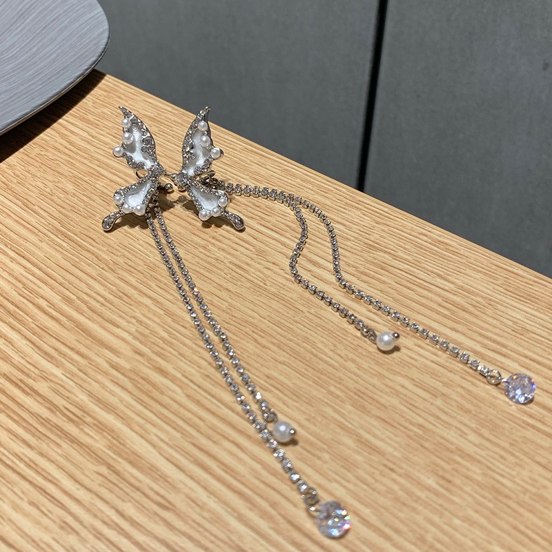 Silver Diamond Pearl Elf Earrings Butterfly Wings Long Tassels Shiny ...