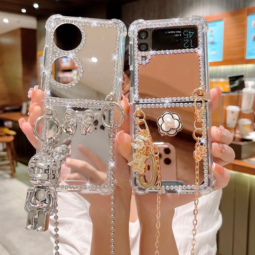 Flip With Chain Casing Samsung Z Flip4 Z Flip3 3D Elegant Gold for ...