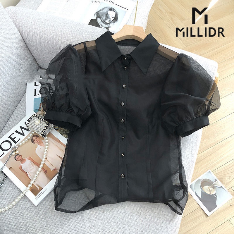 Black Transparent Mesh Puff Sleeve Short Shirt For Women Elegant Loose ...