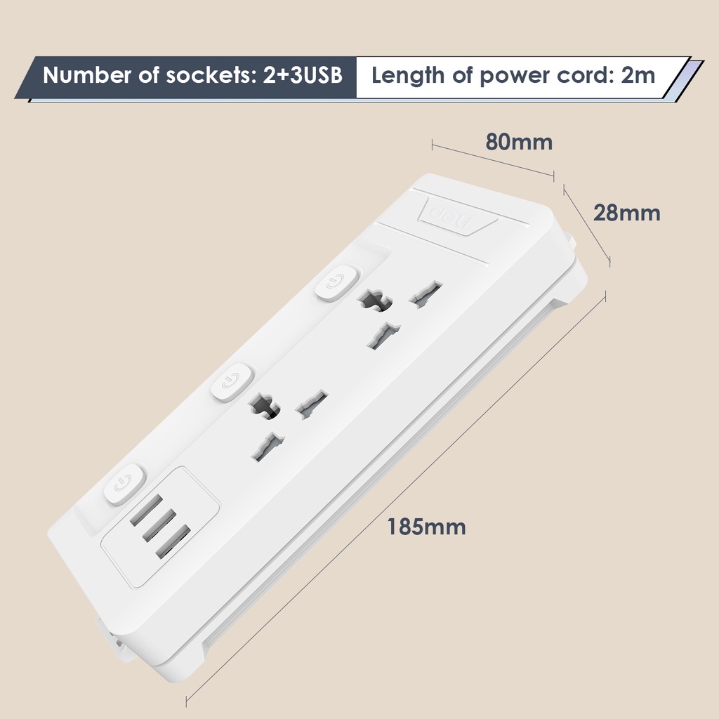 Deli 2m Multi Function Universal Hole Extension Cord Socket With Power Socket 3 Usb Ports