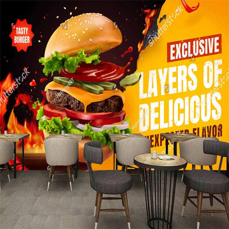 Custom Burger Fast Food Restaurant Wallpaper BBQ Grill Fire Food ...