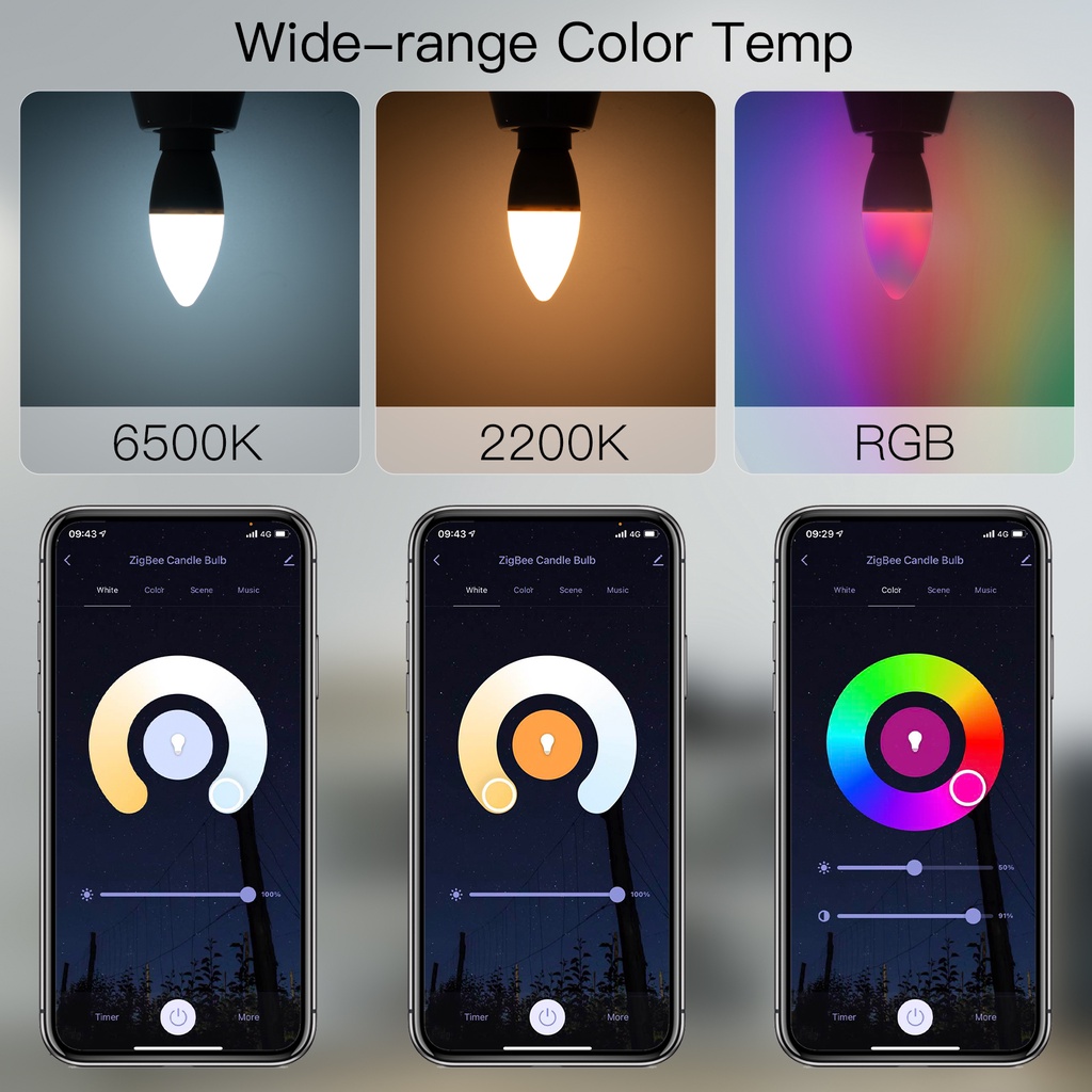 MOES Zigbee LED Light Bulb E14 Candle Lamp Smart 5W RGBCCT 2200-6500K ...