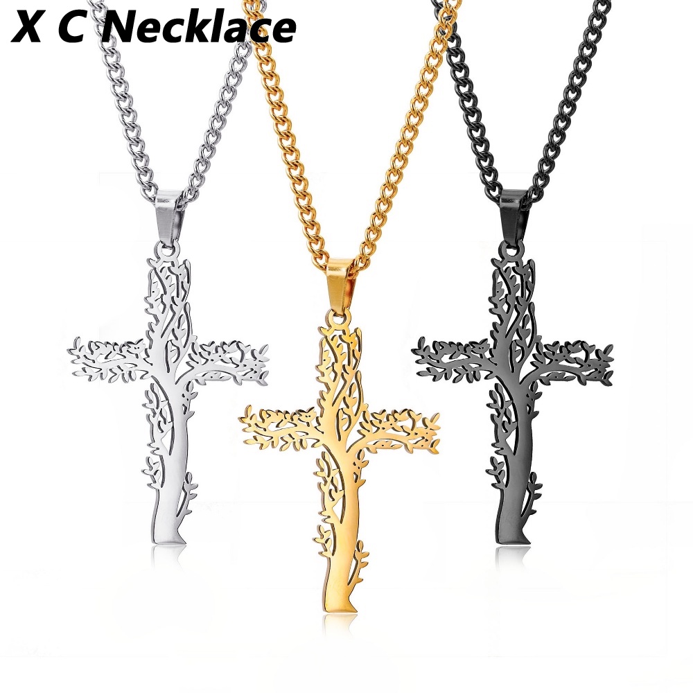 Men's Stainless Steel Life Tree Cross Necklace Personalized Hip Hop ...
