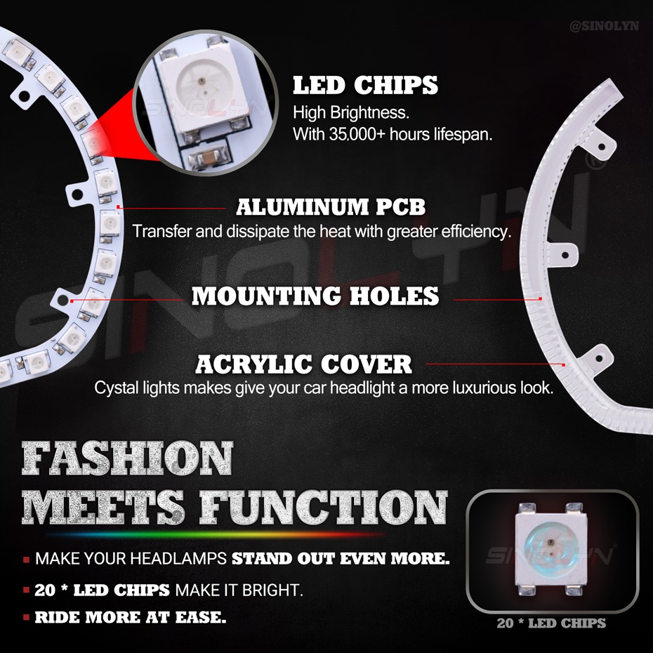 RGB LED Angel Eye Shroud 2.5/3.0 Inch For HID BI-LED Projector Lens DRL ...