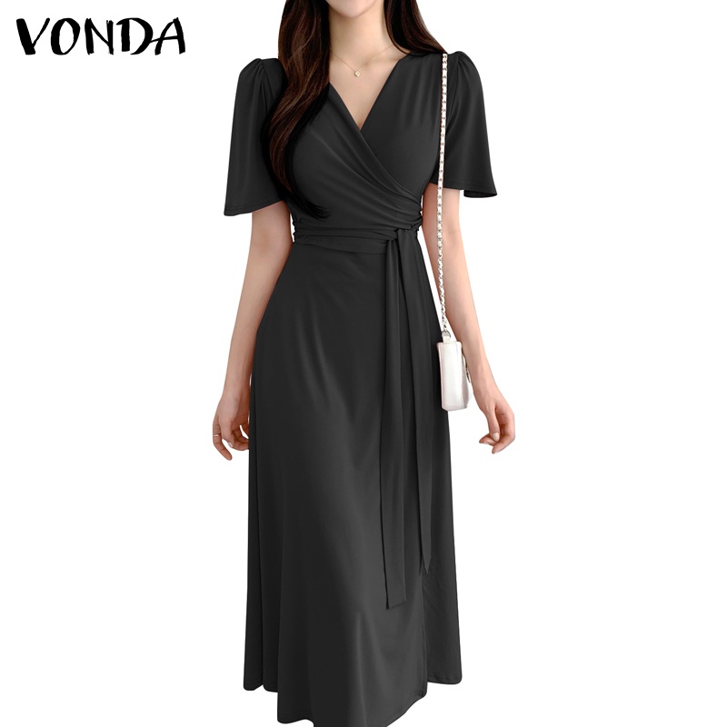VONDA Women Korean Daily Short Sleeves V-Neck High Waist Solid Color ...