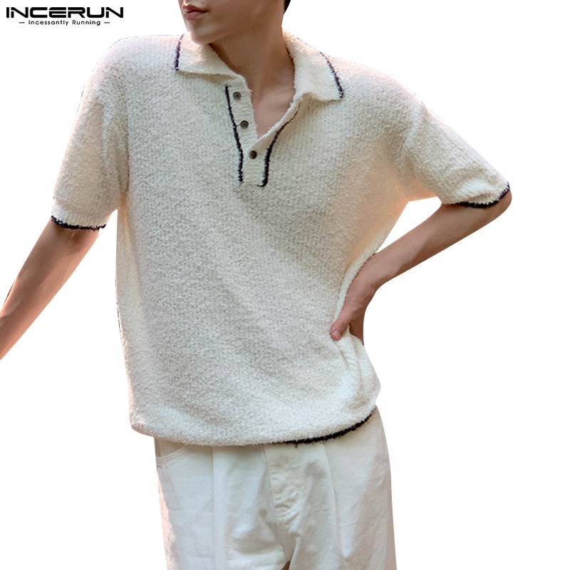 INCERUN Men Korean Short Sleeves Turn-Down-Collar Knitted Polo Shirts ...