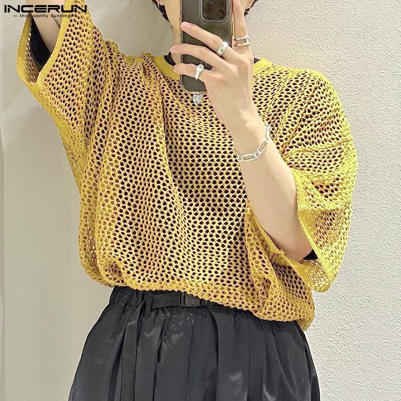 INCERUN Men Korean Fashion Mesh Short Sleeve Round Neck T-Shirts ...