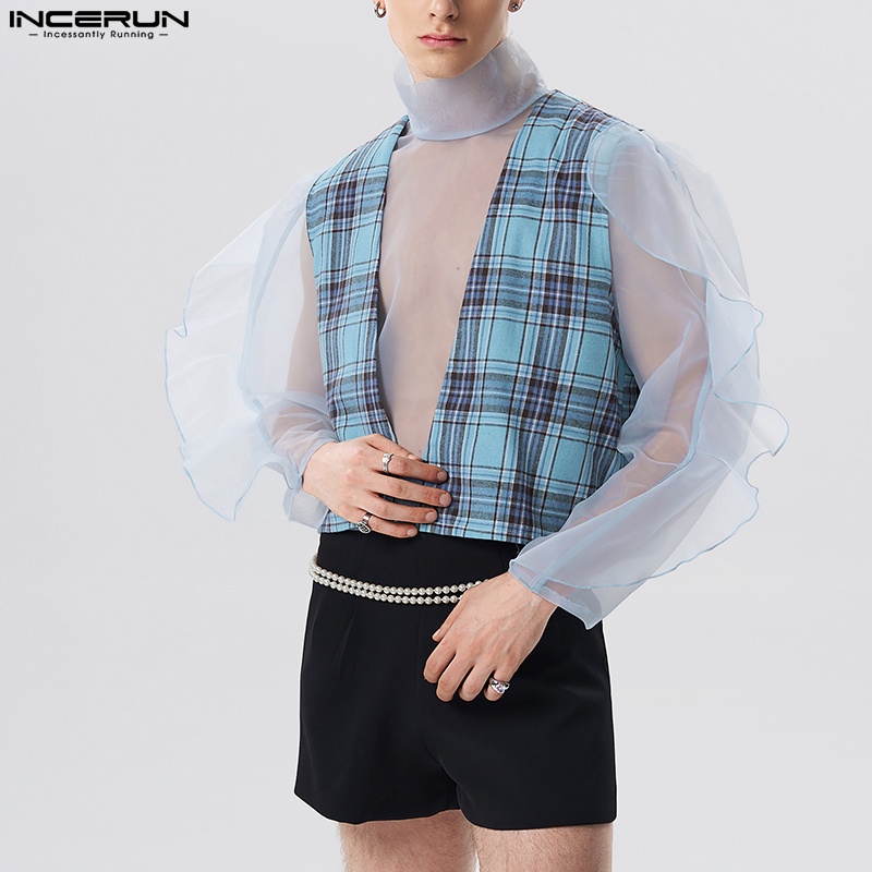 INCERUN Bubble Sleeve Bottom Top+Plaid Vest Two Piece Top | Shopee ...