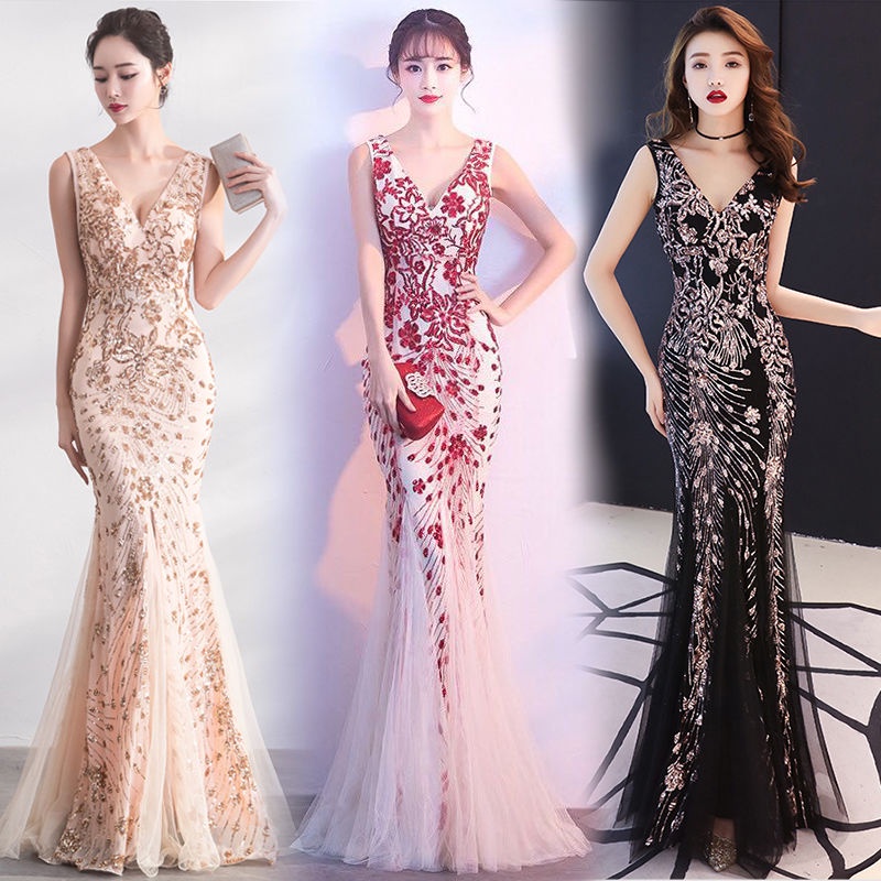 Korean Evening Sequin Party Prom Banquet Noble Celebrity Long Slim ...