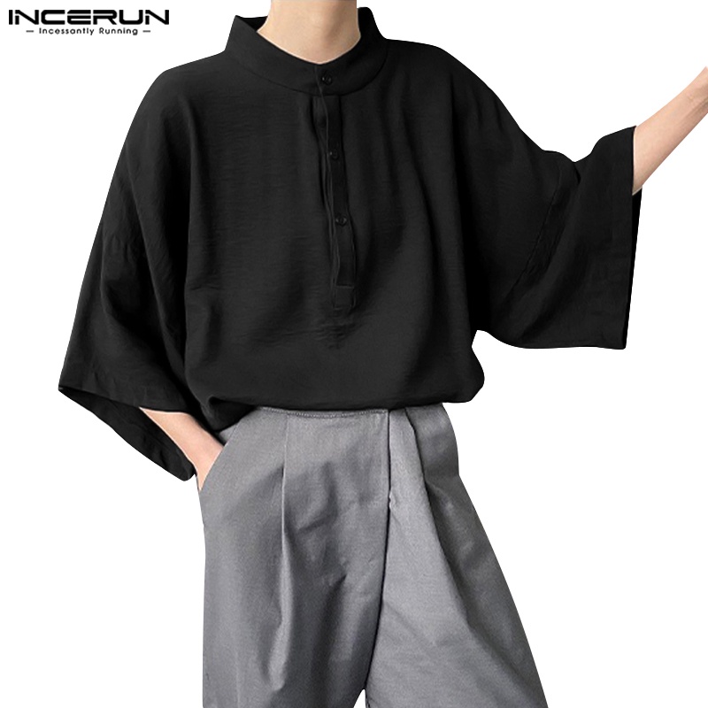 INCERUN Men Korean Loose Solid Color Standing Collar Short Sleeve ...