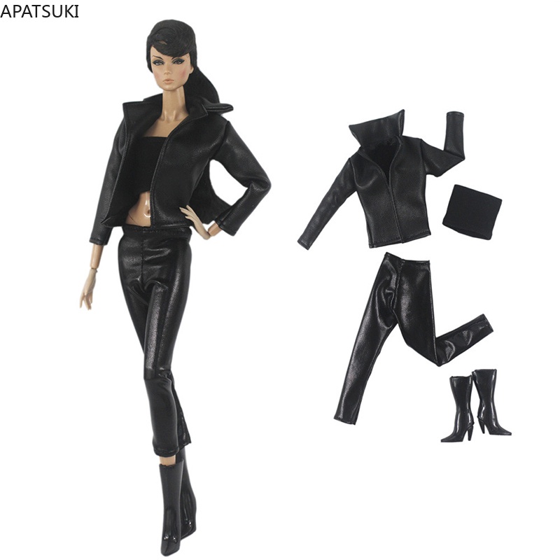 Black Leather Clothes Set For Barbie Doll Outfits Fashion Coat Jacket ...