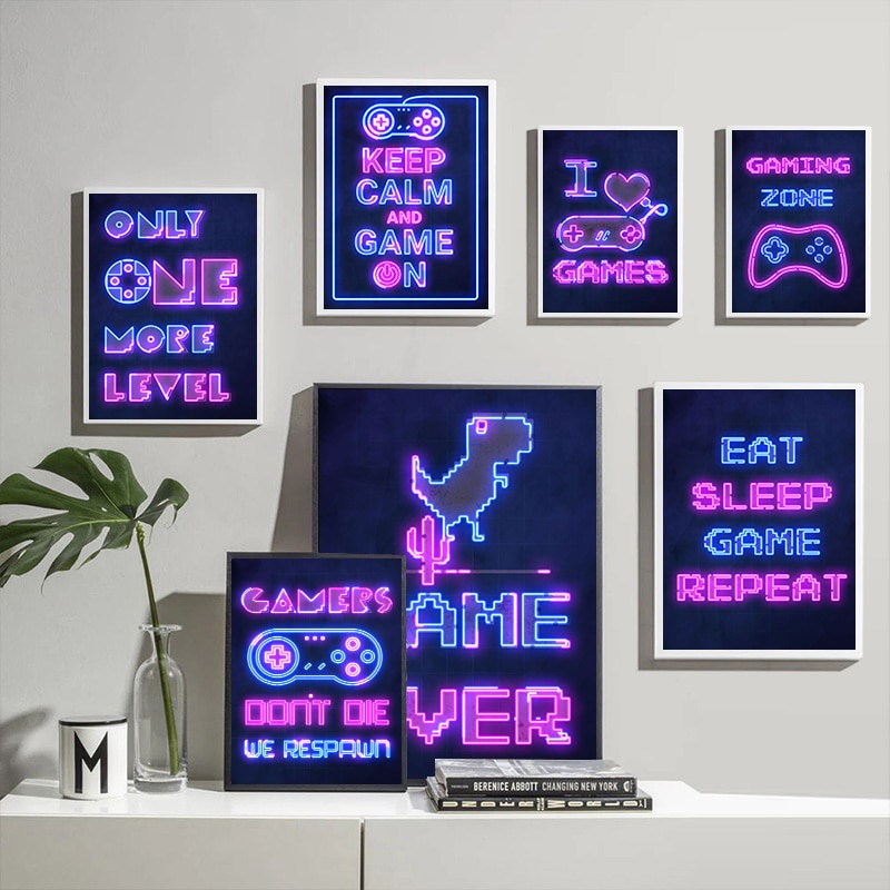 Gaming Neon Effect Quotes Wall Art Gamepad Poster Game Zone Painting ...