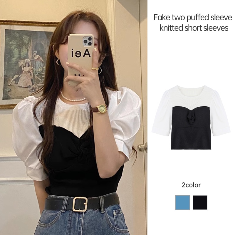 Fake Two Piece Knitted Short Sleeve T-shirt Spring Women Base Shirt ... Fake Two Piece Knitted Short Sleeve T-shirt Spring Women Base Shirt ...