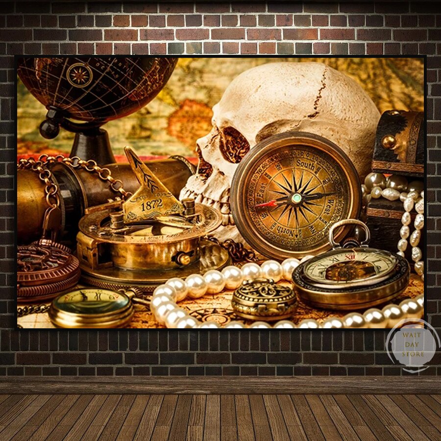 Vintage Light Luxury Compass Globe Sail Map Poster Golden Pearl and ...