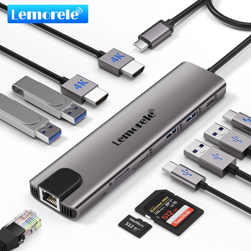 Lemorele Tc65 Usb C Hub 11 In 1 Adapter Docking Station Support Tow Display 2 Hdmi Port 4k 4 Usb