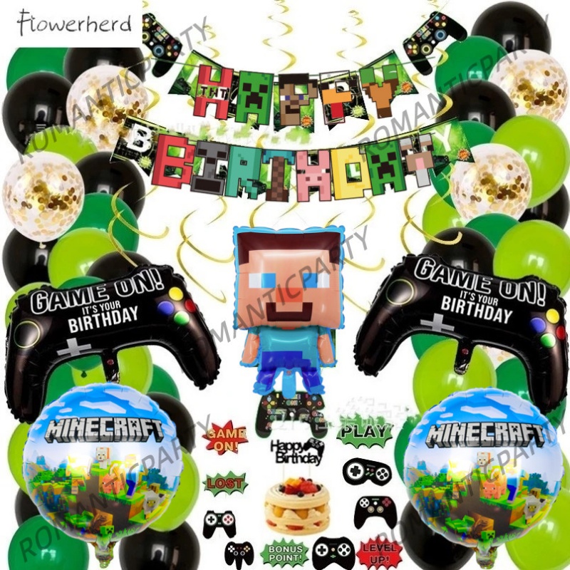 Minecraft Birthday Party Balloon HBD Banner Cake Topper Game Foil Green ...
