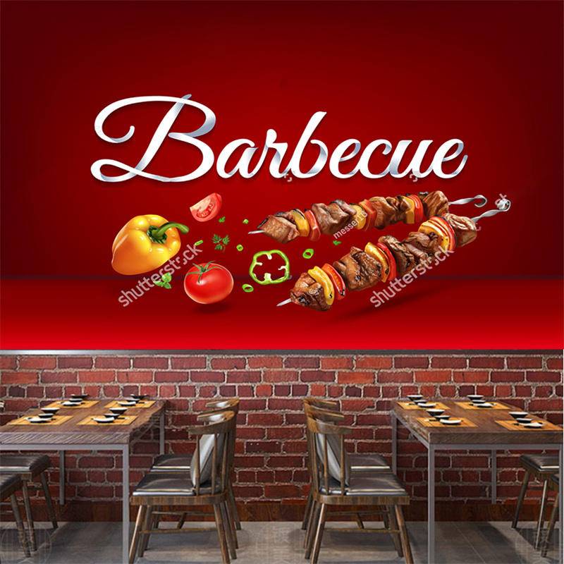 Custom Hand Painted BBQ Kebab Wallpaper Industrial Decor Barbecue Mural ...