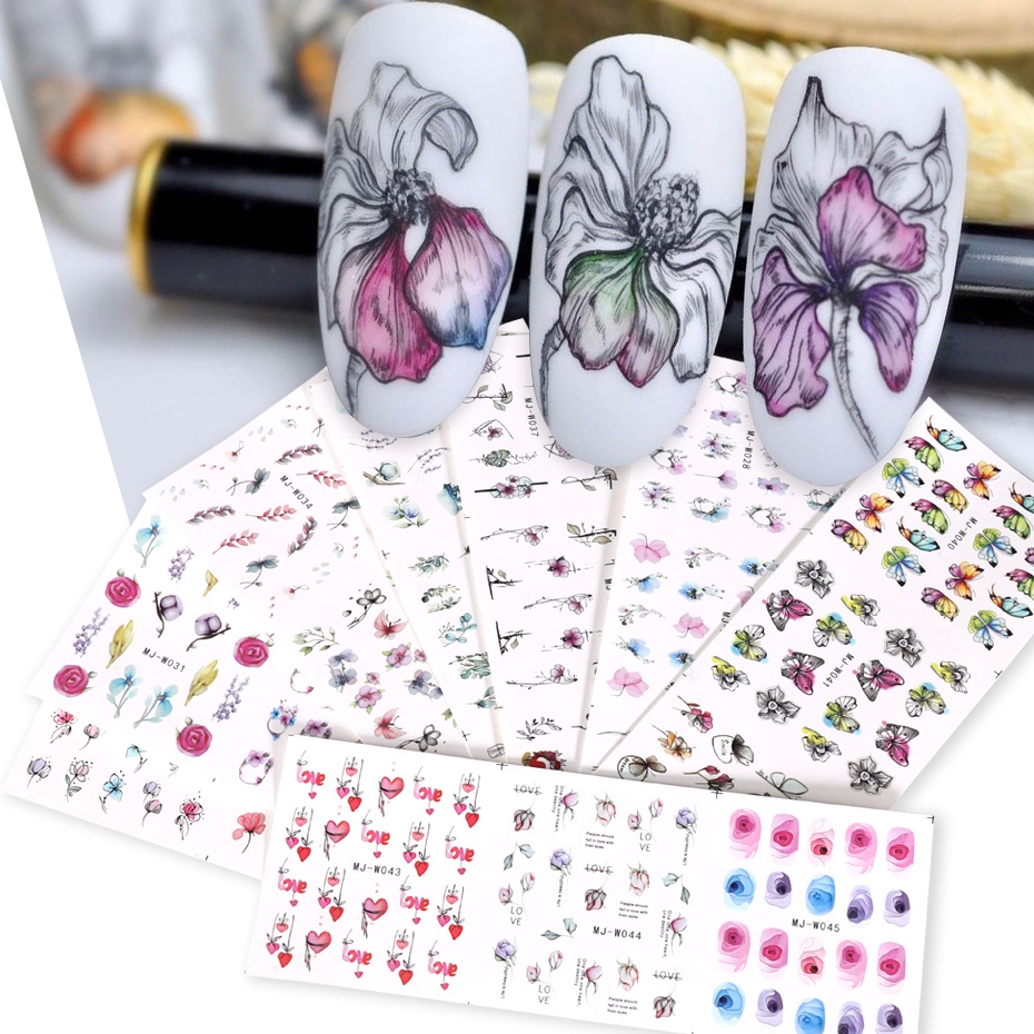 24pcs Summer Ink Design Nail Water Stickers Flowers Butterfly Blooming ...