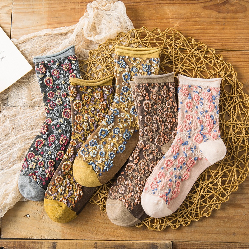 Curled medium tube small floral socks Women's cotton Ethnic style ...