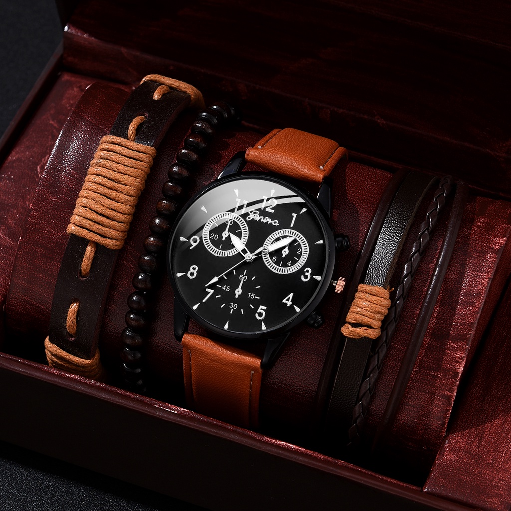 4PCS Men Luxury Fashion Design Leather Strap Quartz Watch Gift Set for ...