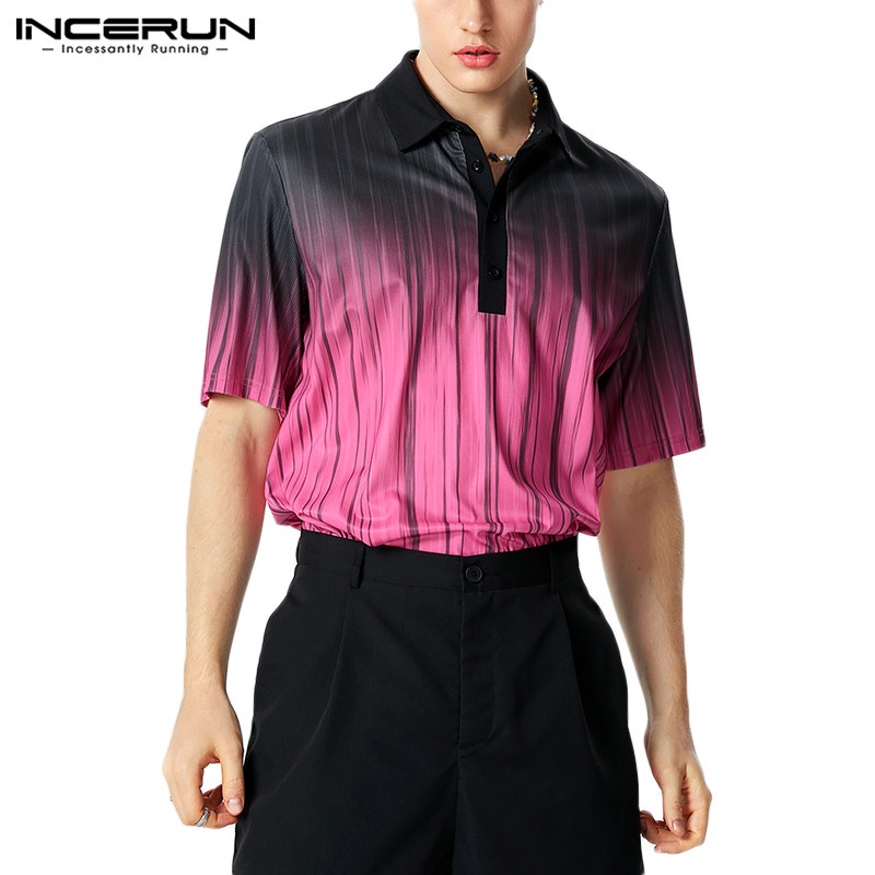 INCERUN Men Vintage Gradient Knit Short Sleeve Lapel Polo Shirts ...