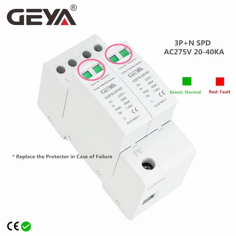 GEYA GSP9 3P+N 36mm SPD 20~40KA Surge Protector Lightning Protection Low-voltage Arrester Device ...